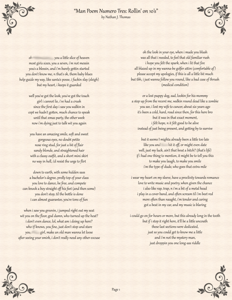 "Man Poem Numero Tres: Rollin' on 10's" by Nathan J. Thomas - Paper ...